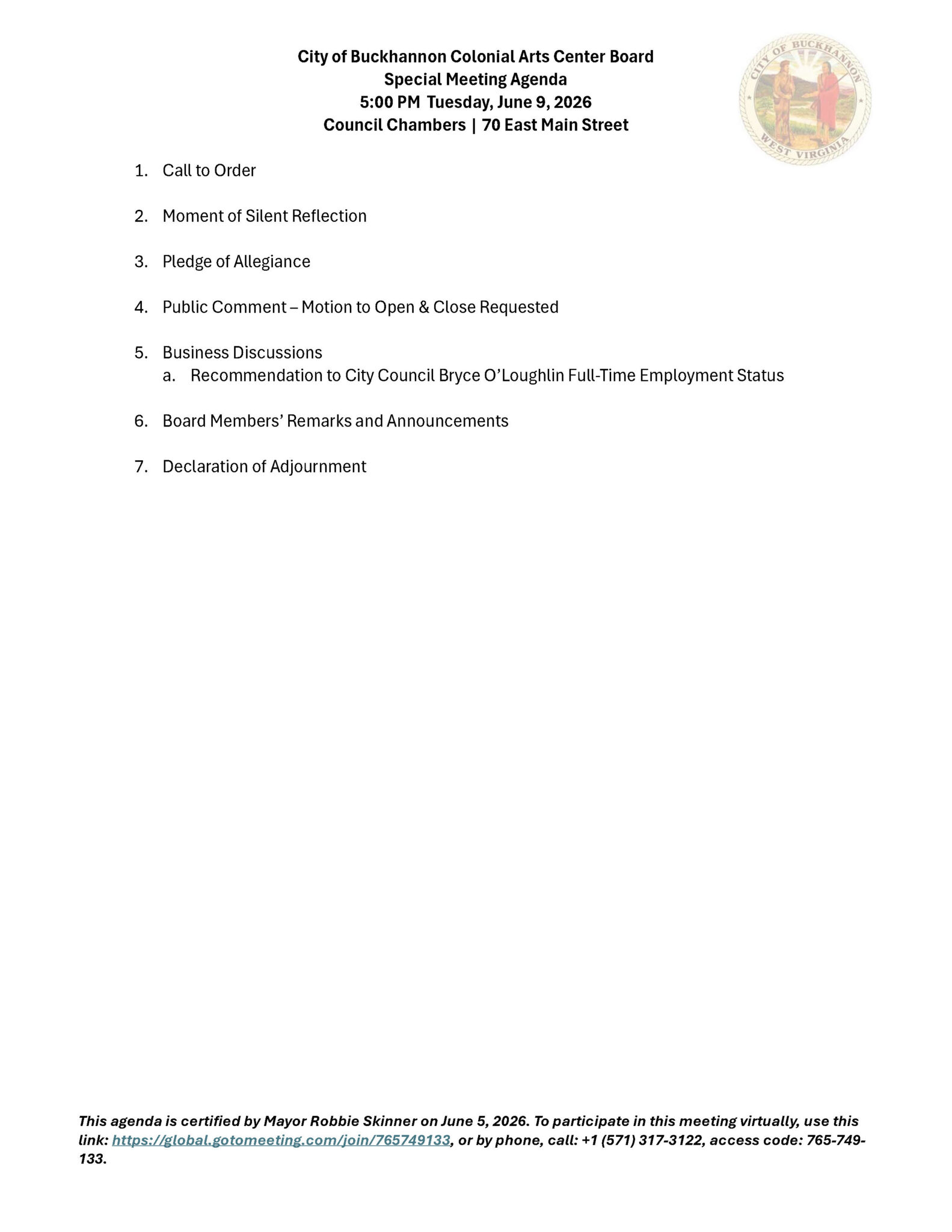Buckhannon Colonial Arts Center Board Special Meeting Agenda: June 9, 2026